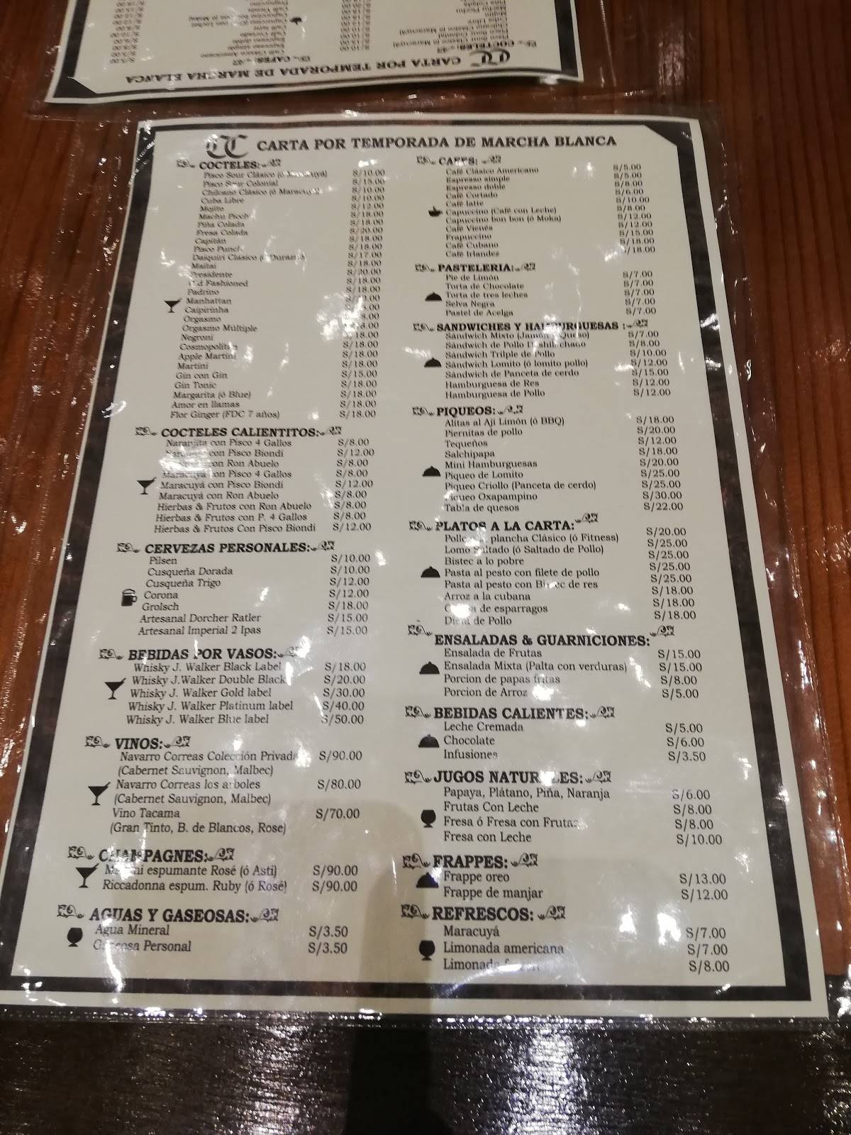Carta de Cafe Colonial, Huancayo, Jirón Puno 482
