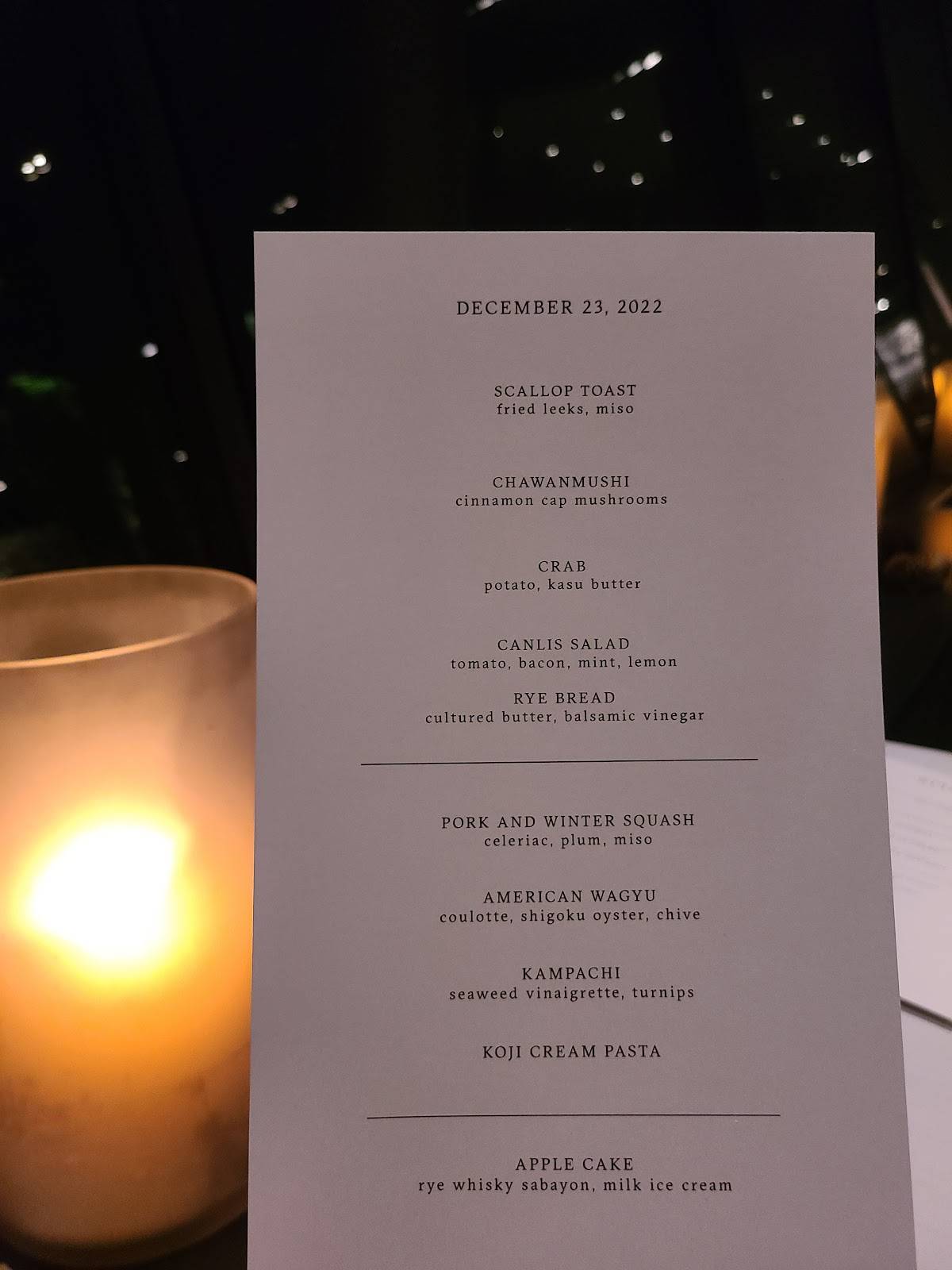 Menu at Canlis restaurant, Seattle