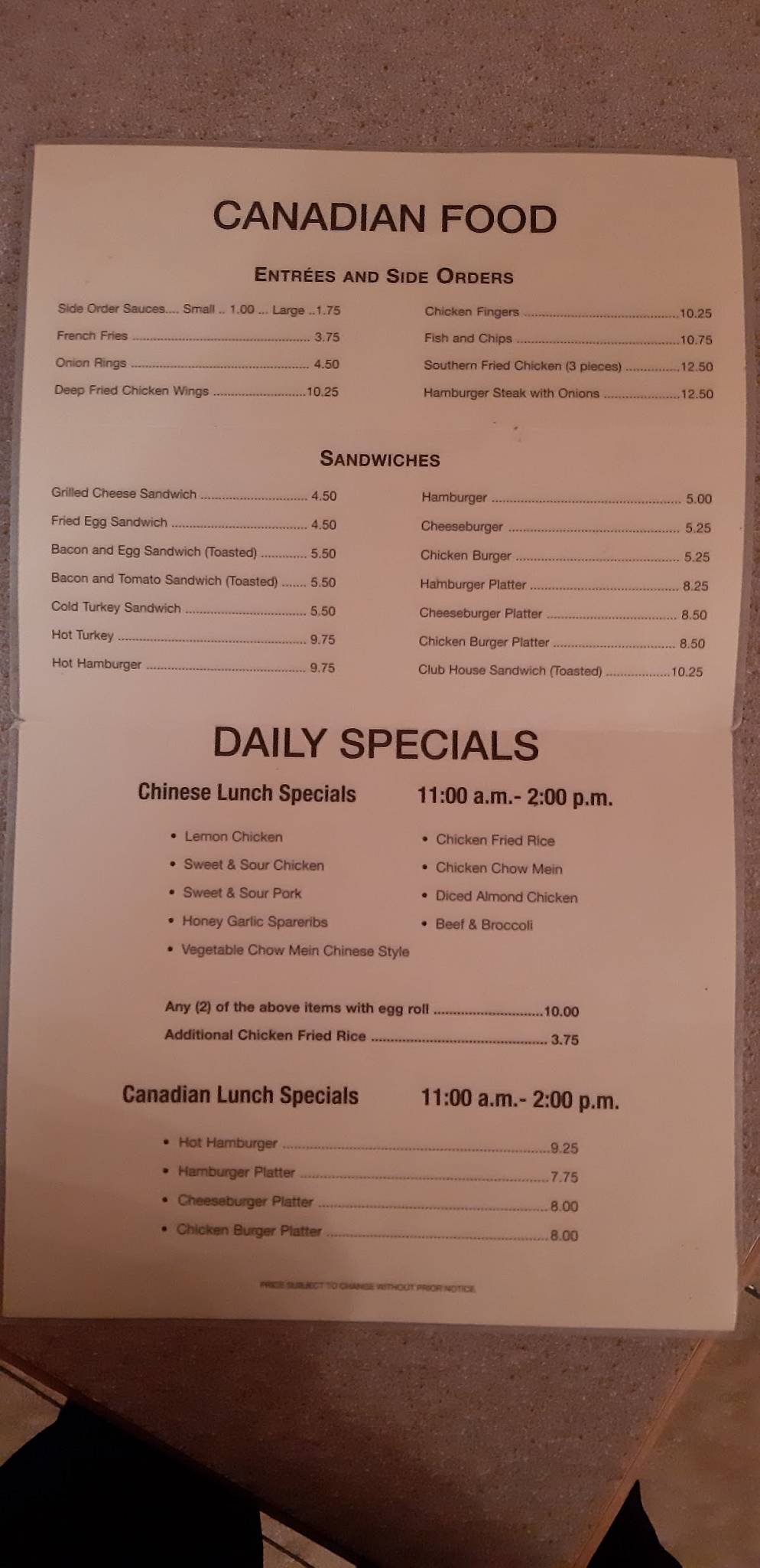 Menu at Canton Cafe, Charlottetown