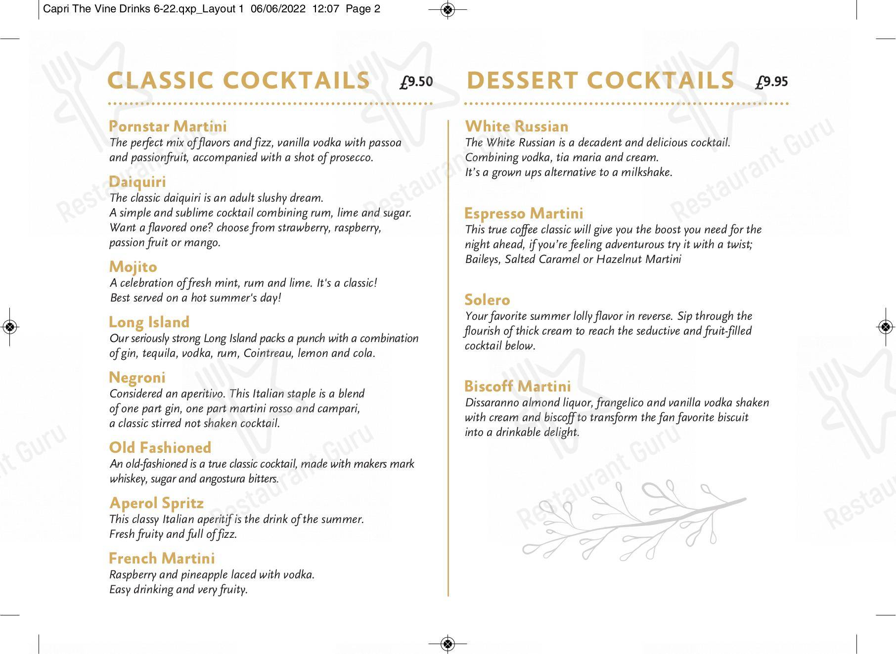 Menu at Capri @ The Vine restaurant, Wakefield