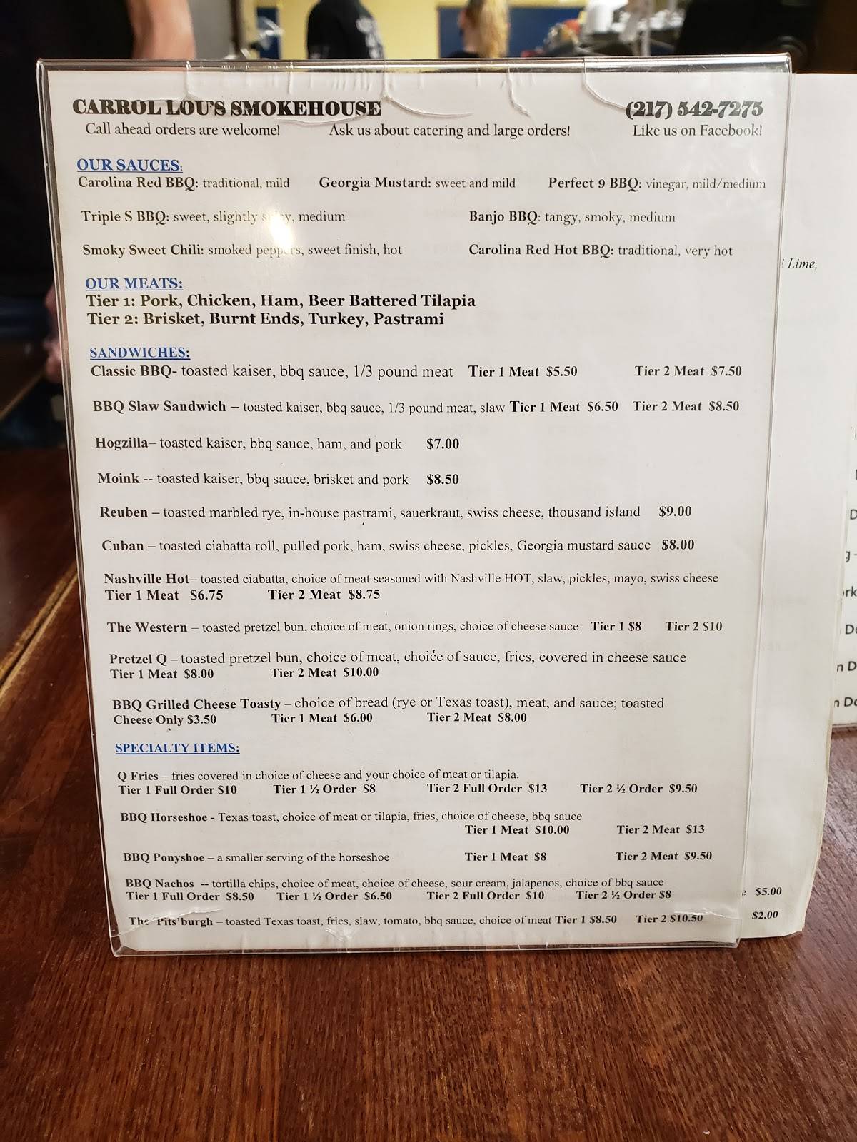 Menu at Carrol Lou's Smokehouse restaurant, Decatur