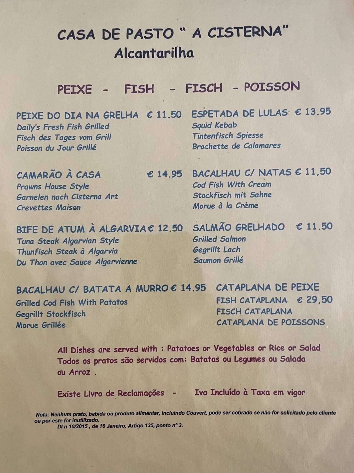 Menu at Casa de Pasto A Cisterna restaurant, Alcantarilha