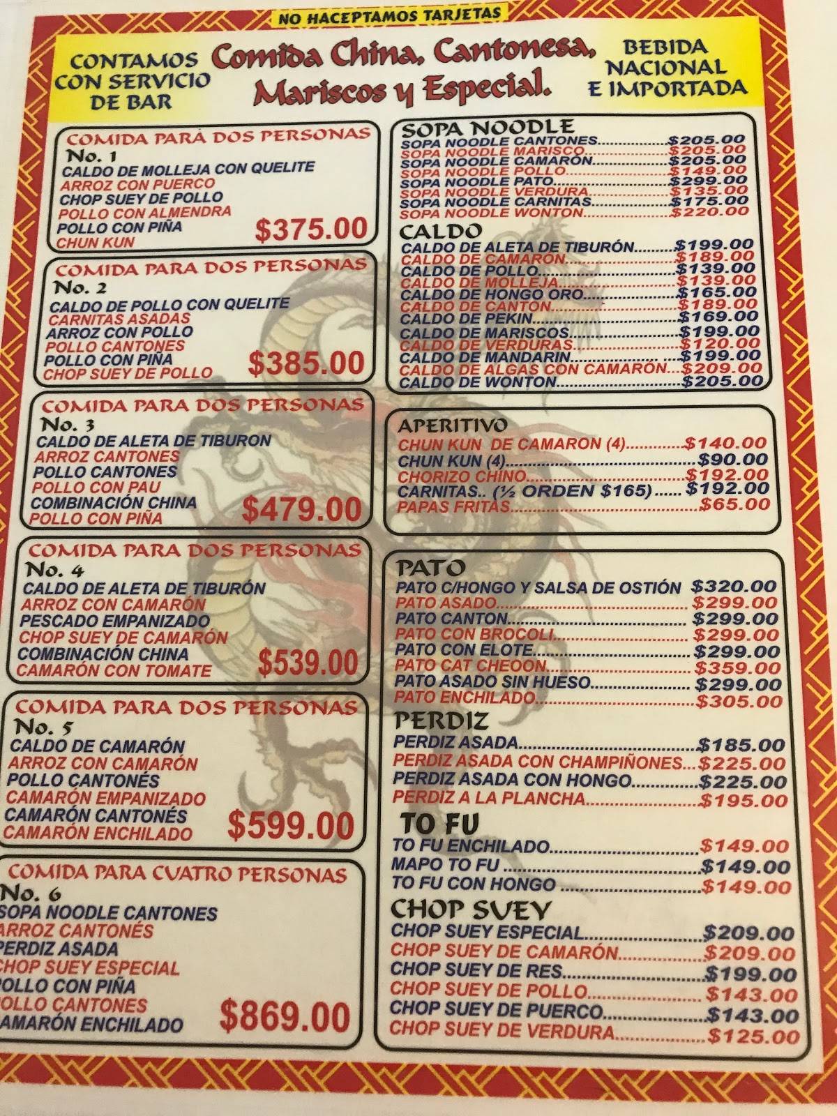 Carta de Restaurant Cat Cheoon, Tijuana, Blvd. Insurgentes 11