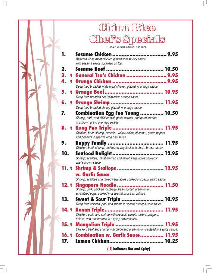 Menu at China Rice Restaurant, Cañon City, 1641 Fremont Dr