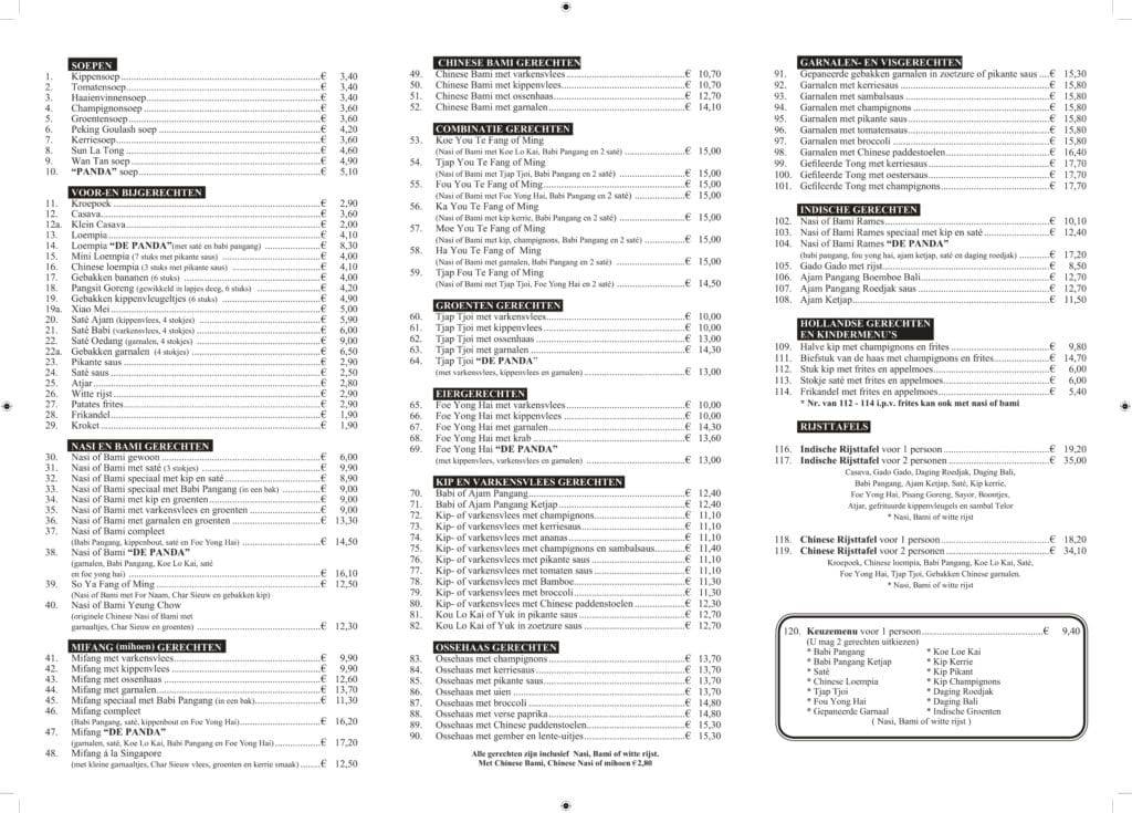 Menu at Chinees Indisch Afhaalcentrum De Panda, Eindhoven