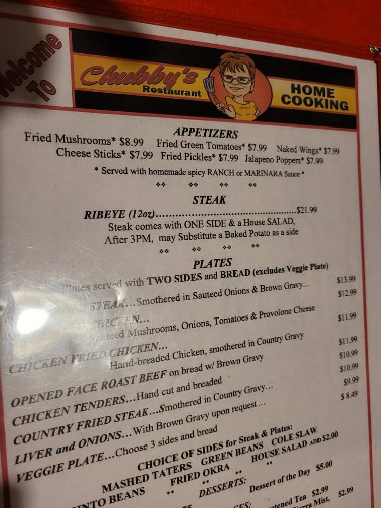 Menu at Chubby's Restaurant, Sevierville