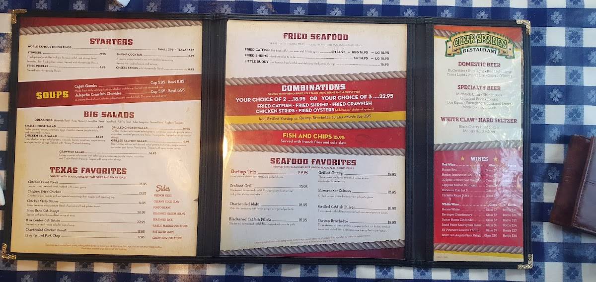 Menu at Clear Springs Restaurant, Midland