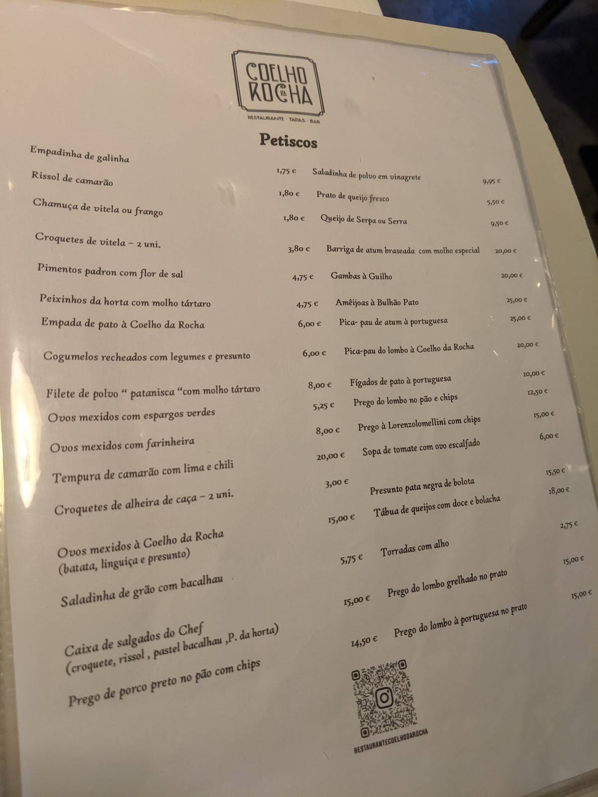 Menu em Coelho da Rocha restaurante, Lisboa