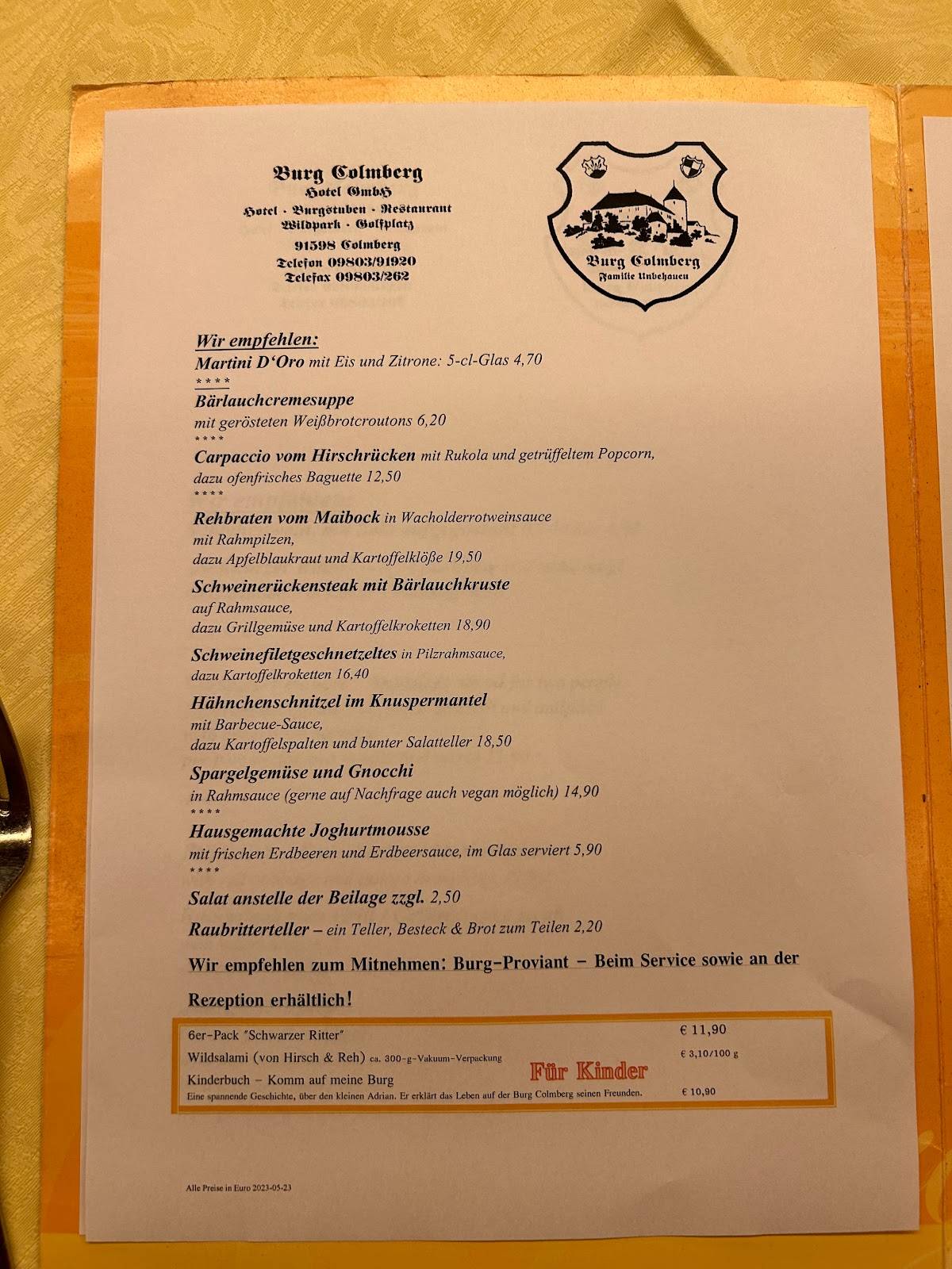 Menu at Colmberg Castle restaurant, Colmberg, Burg