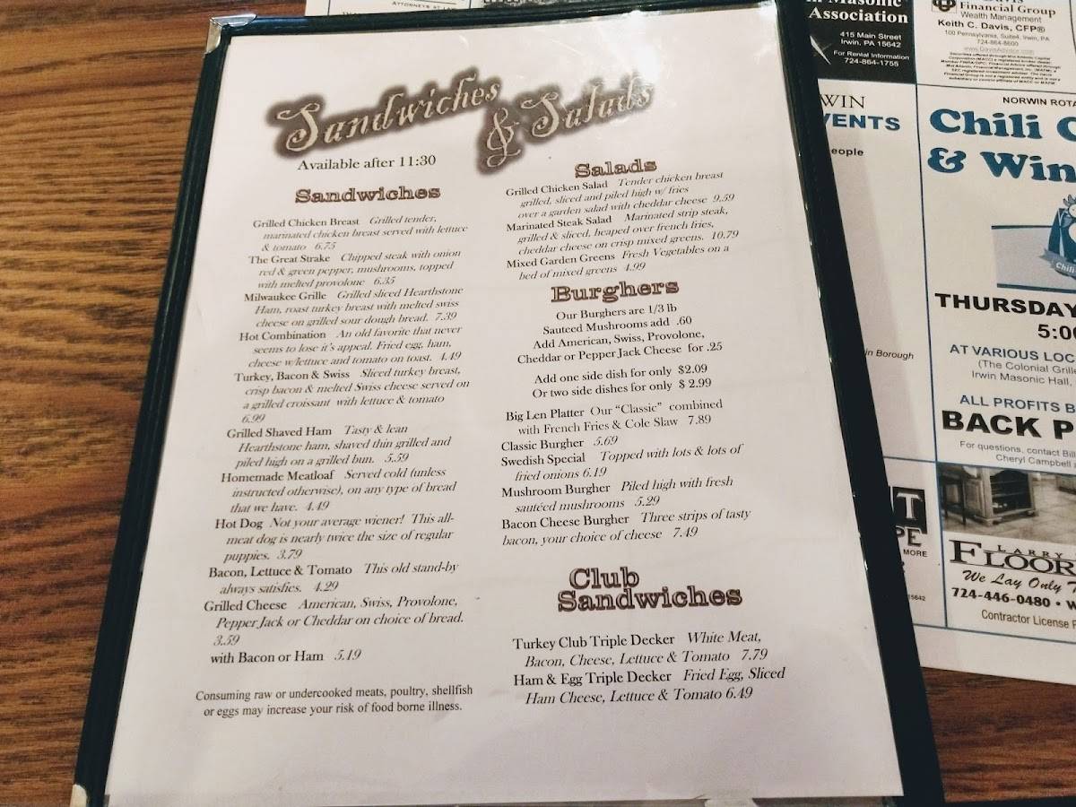 Menu at Colonial Grille Restaurant and Taproom, Irwin