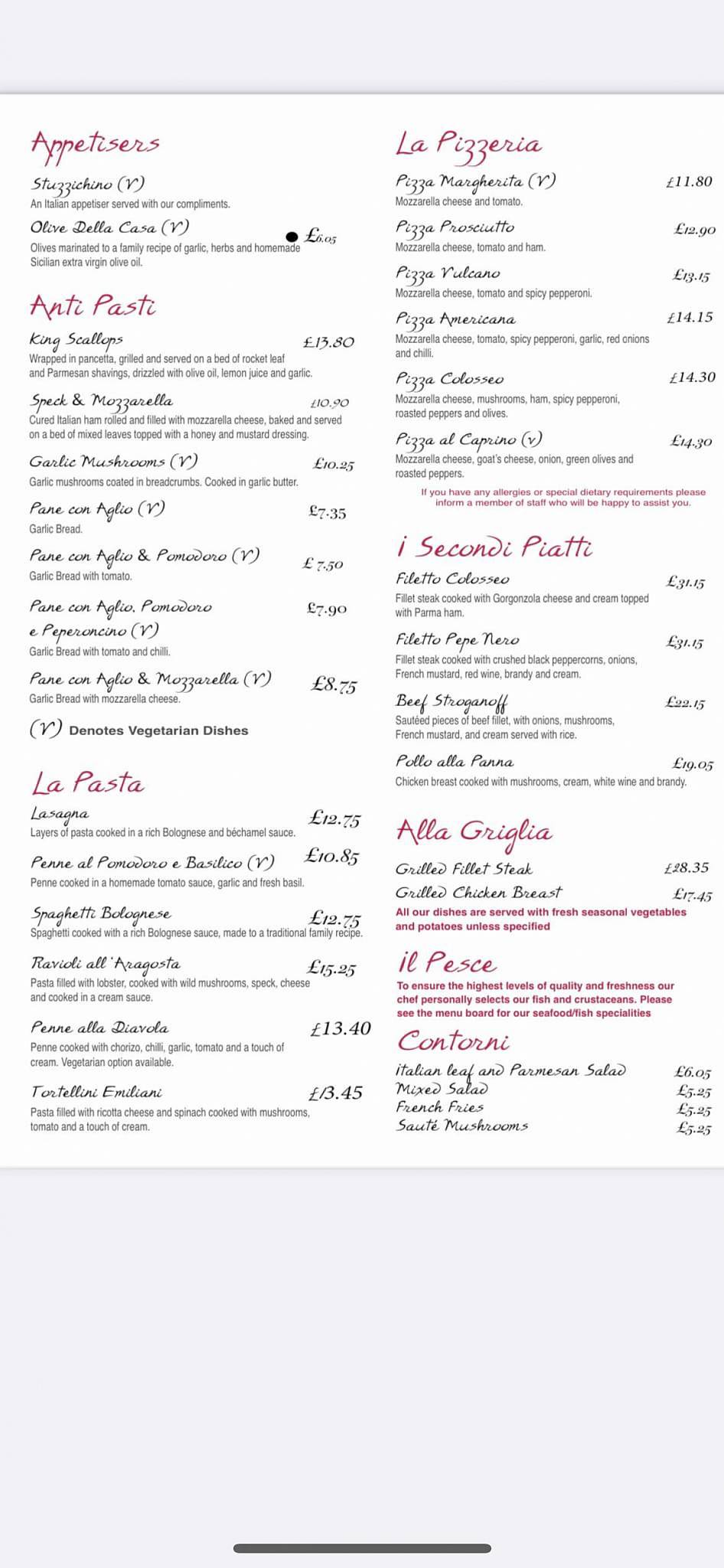 Menu at Colosseo restaurant, Scunthorpe