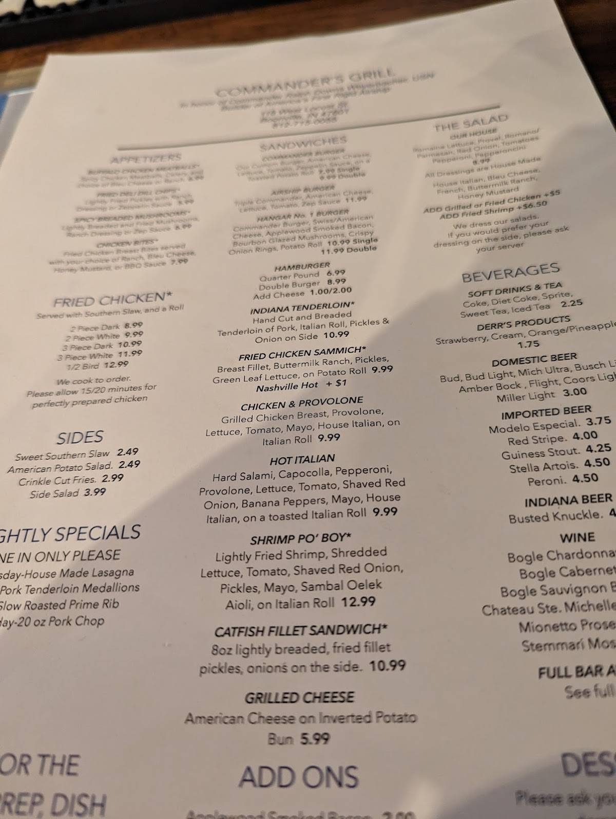 Menu at Commander's Grill restaurant, Boonville