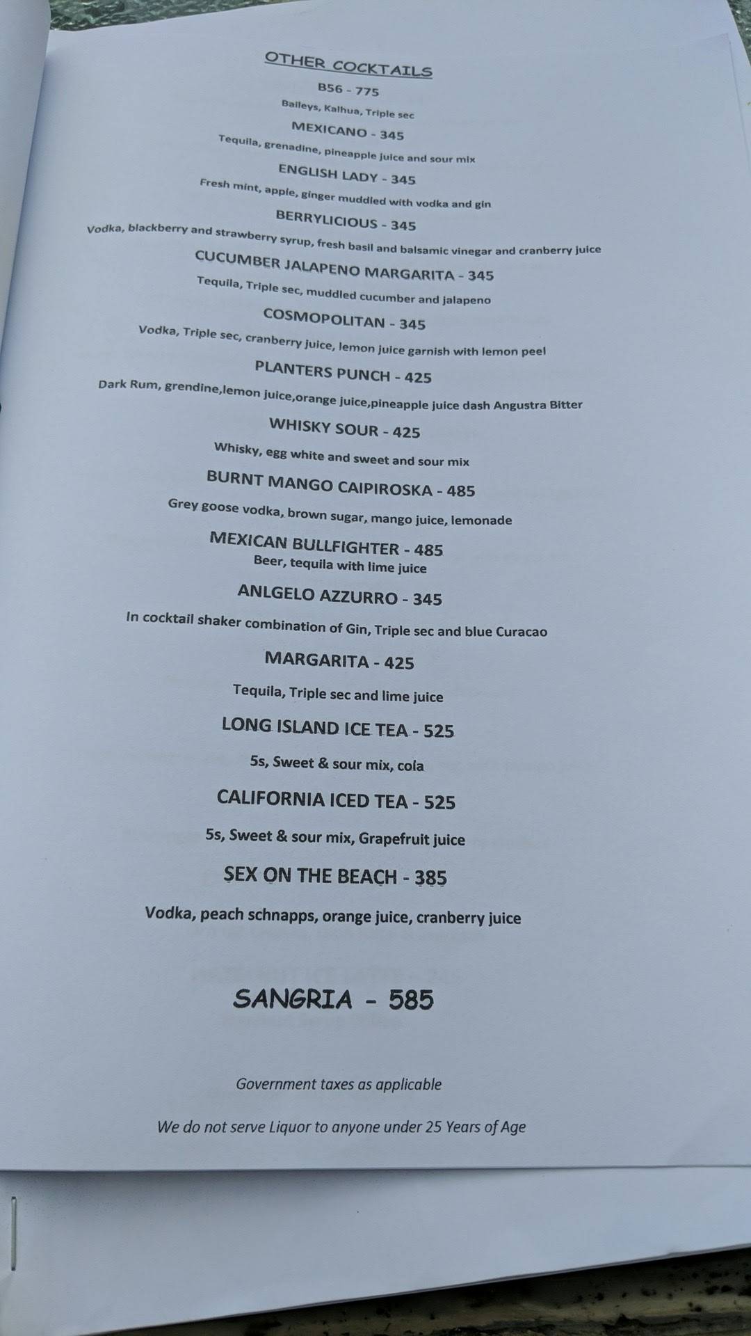 Menu at Cottage, Chandigarh, SCO 44