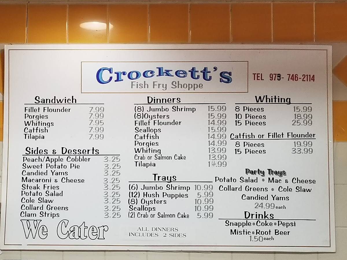 Menu at Crockett's Fish Fry restaurant, Montclair