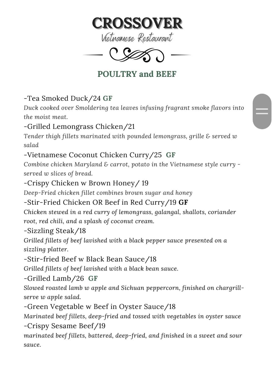 Menu at Crossover Vietnamese Restaurant, Torrensville