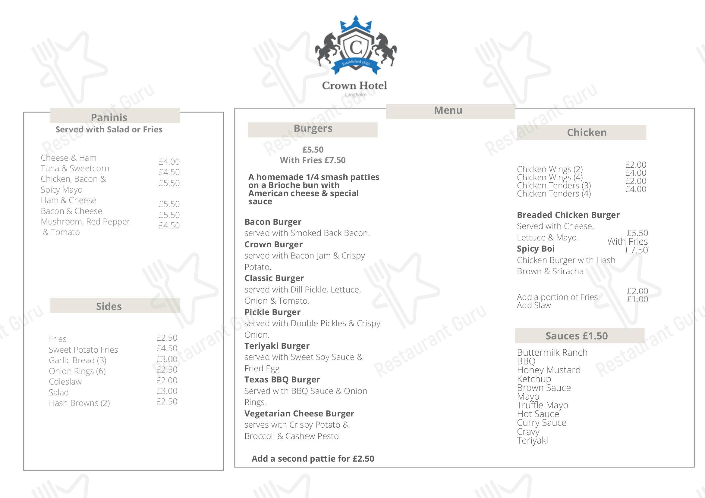 Menu at Crown Hotel, Langholm restaurant, Langholm