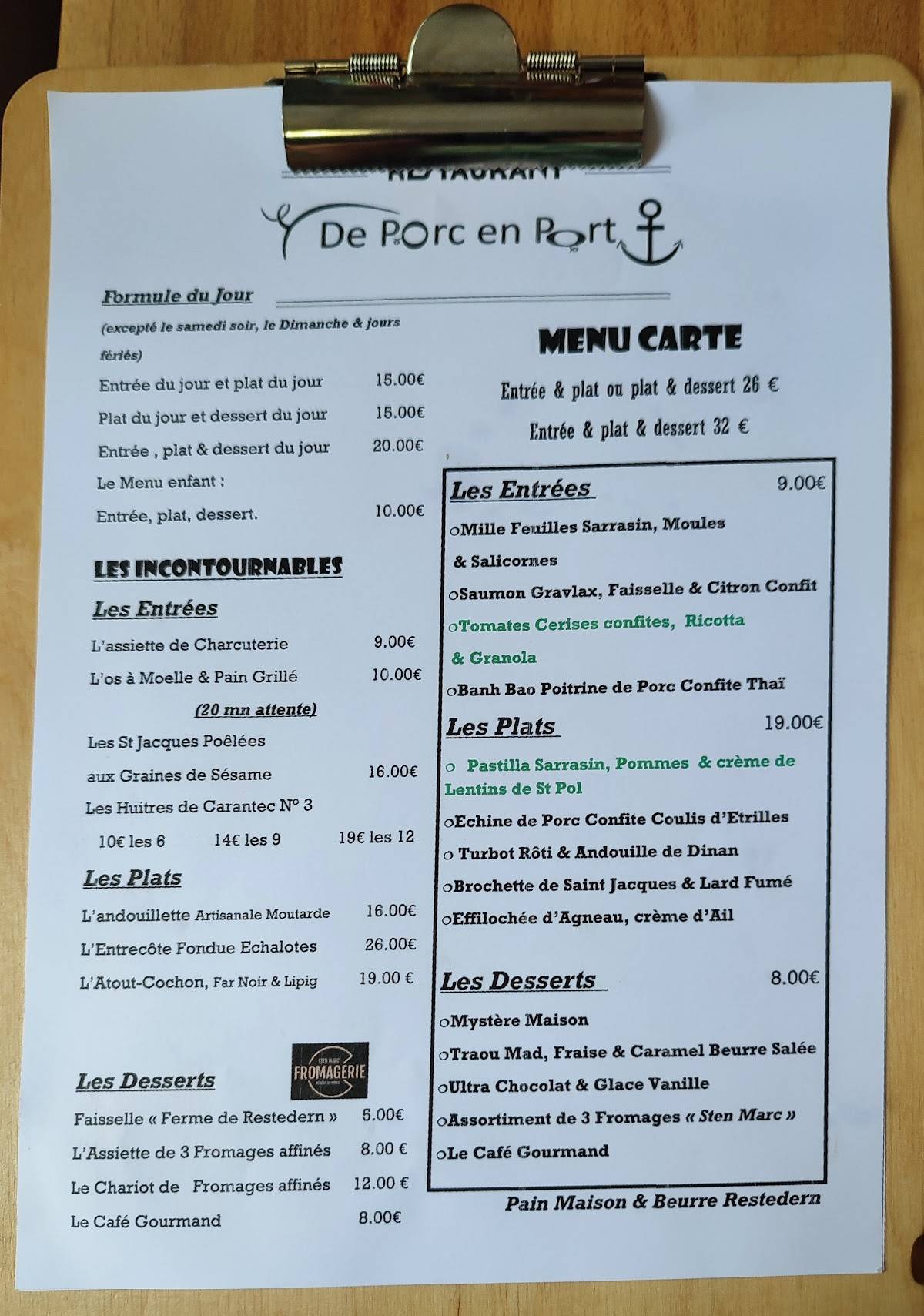 Menu au Restaurant De Porc en Port, Locquénolé