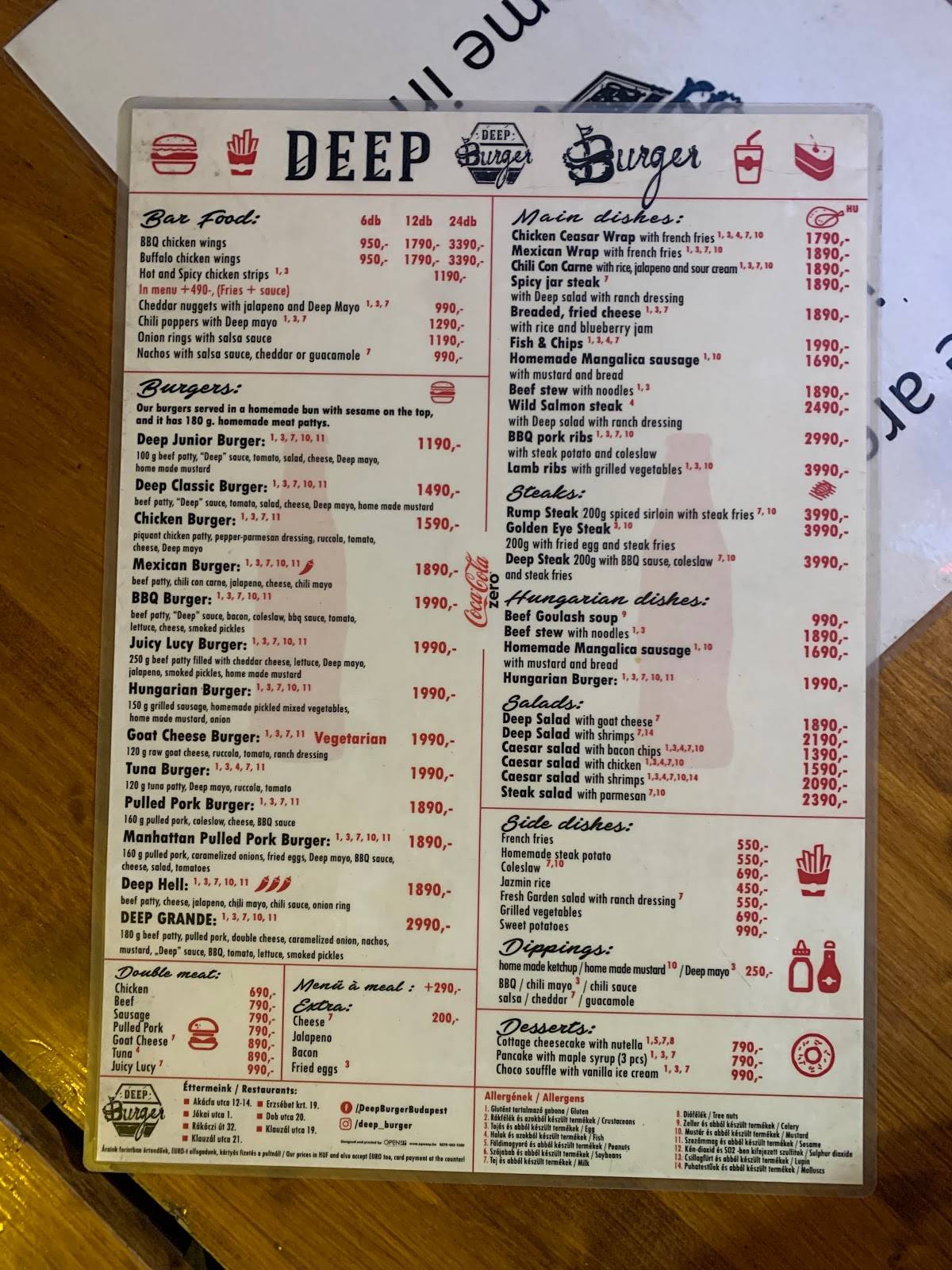 Menu at Deep Burger Oktogon restaurant, Budapest, Jókai u. 1