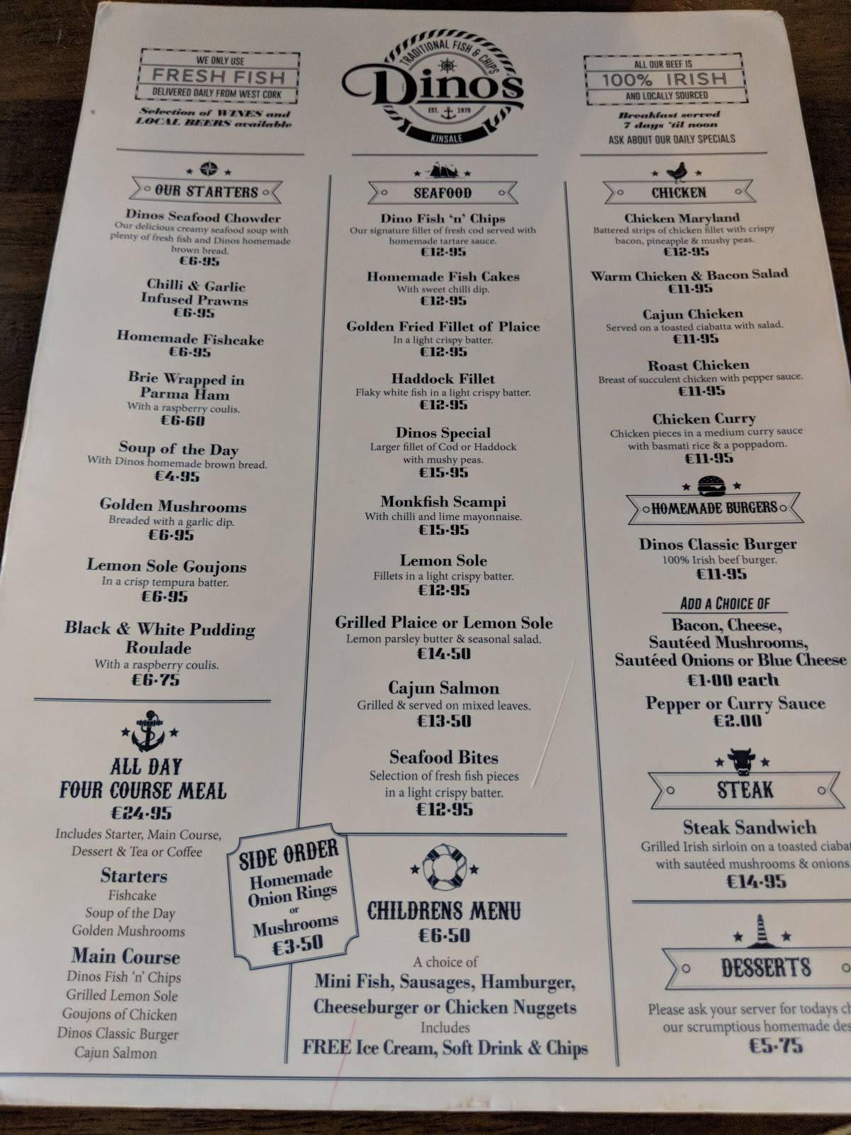 Menu at Dinos restaurant, Kinsale
