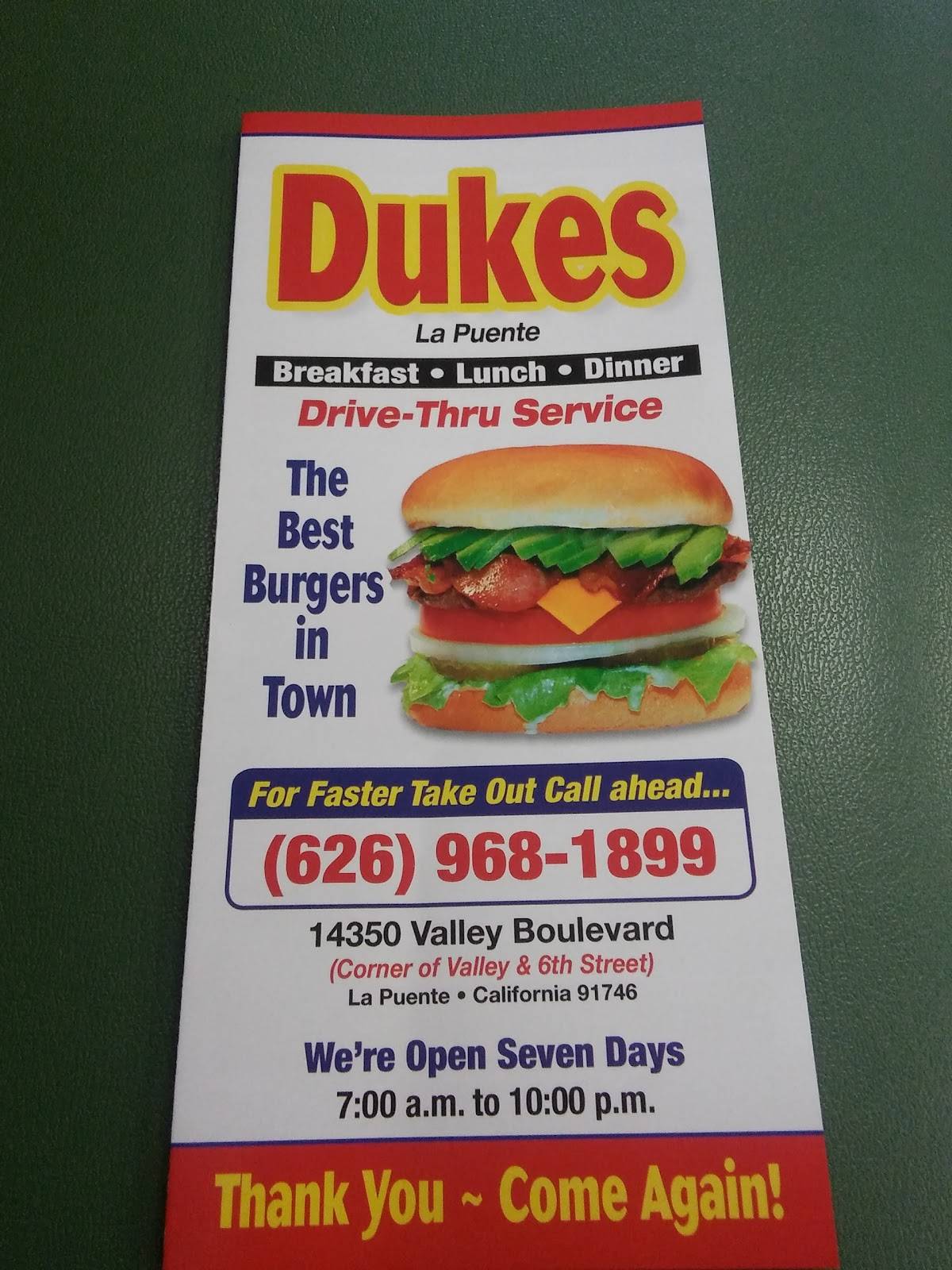 Menu at Duke's restaurant, La Puente