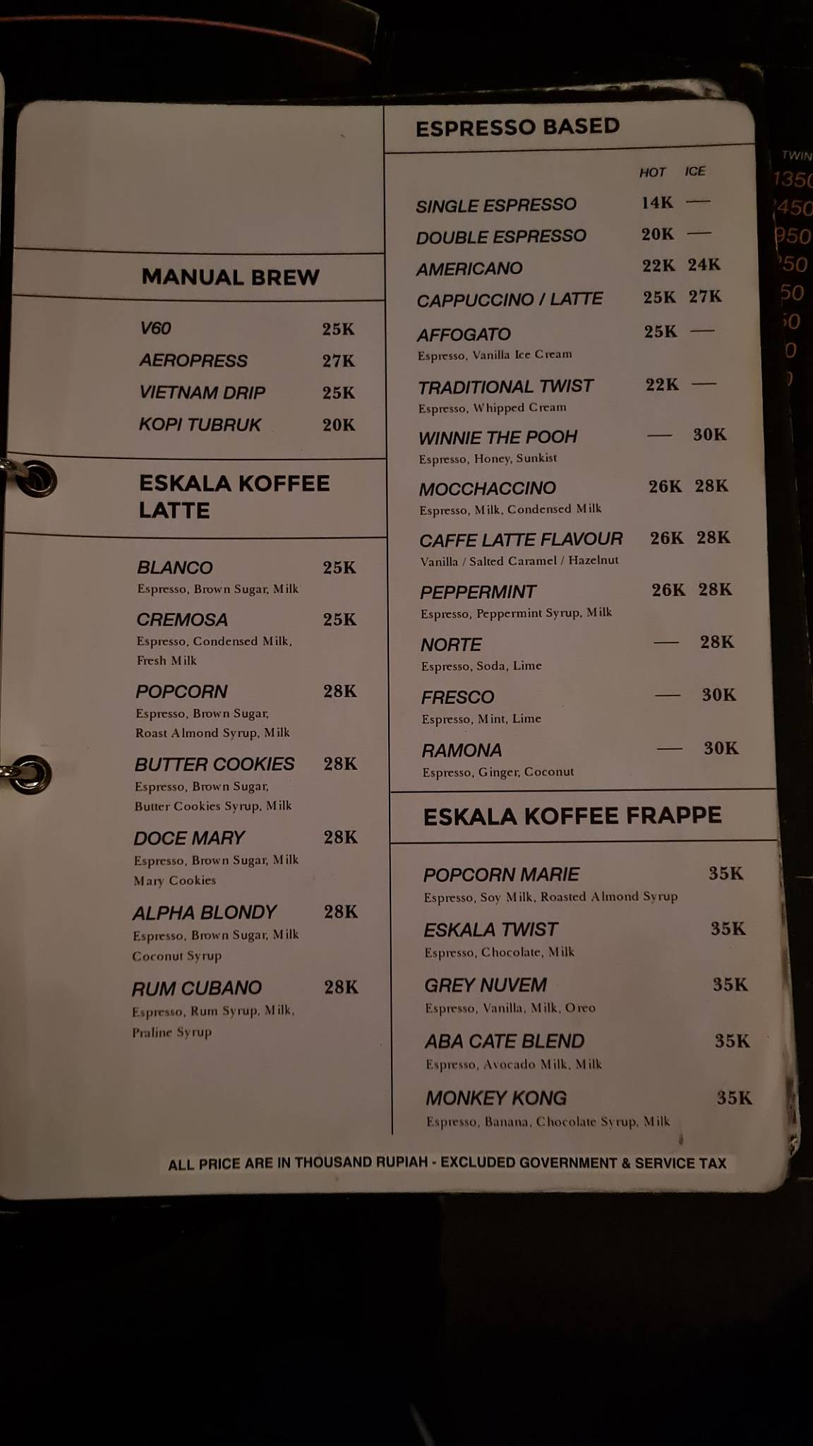 Menu at ESKALA Eatery Bar & Coffee, Minomartani