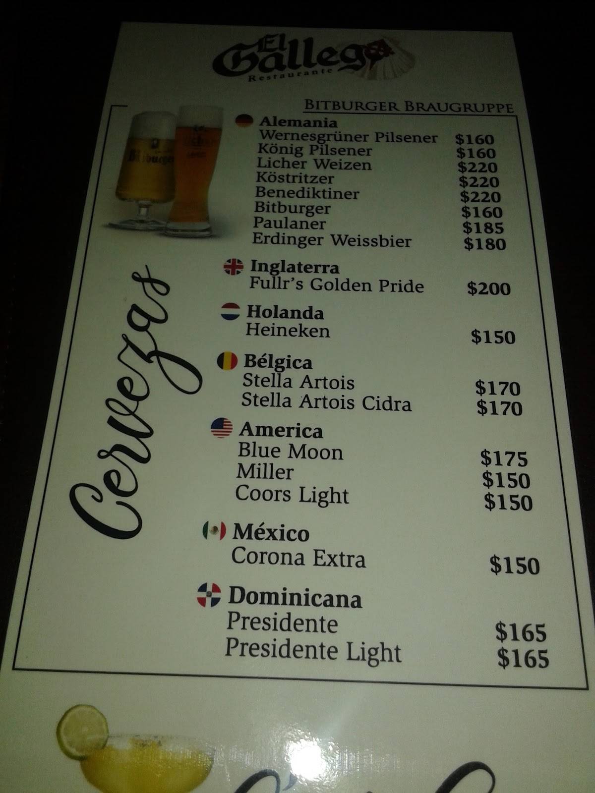 Menu at El Gallego restaurant, Santo Domingo, C. César Nicolás Penson 76