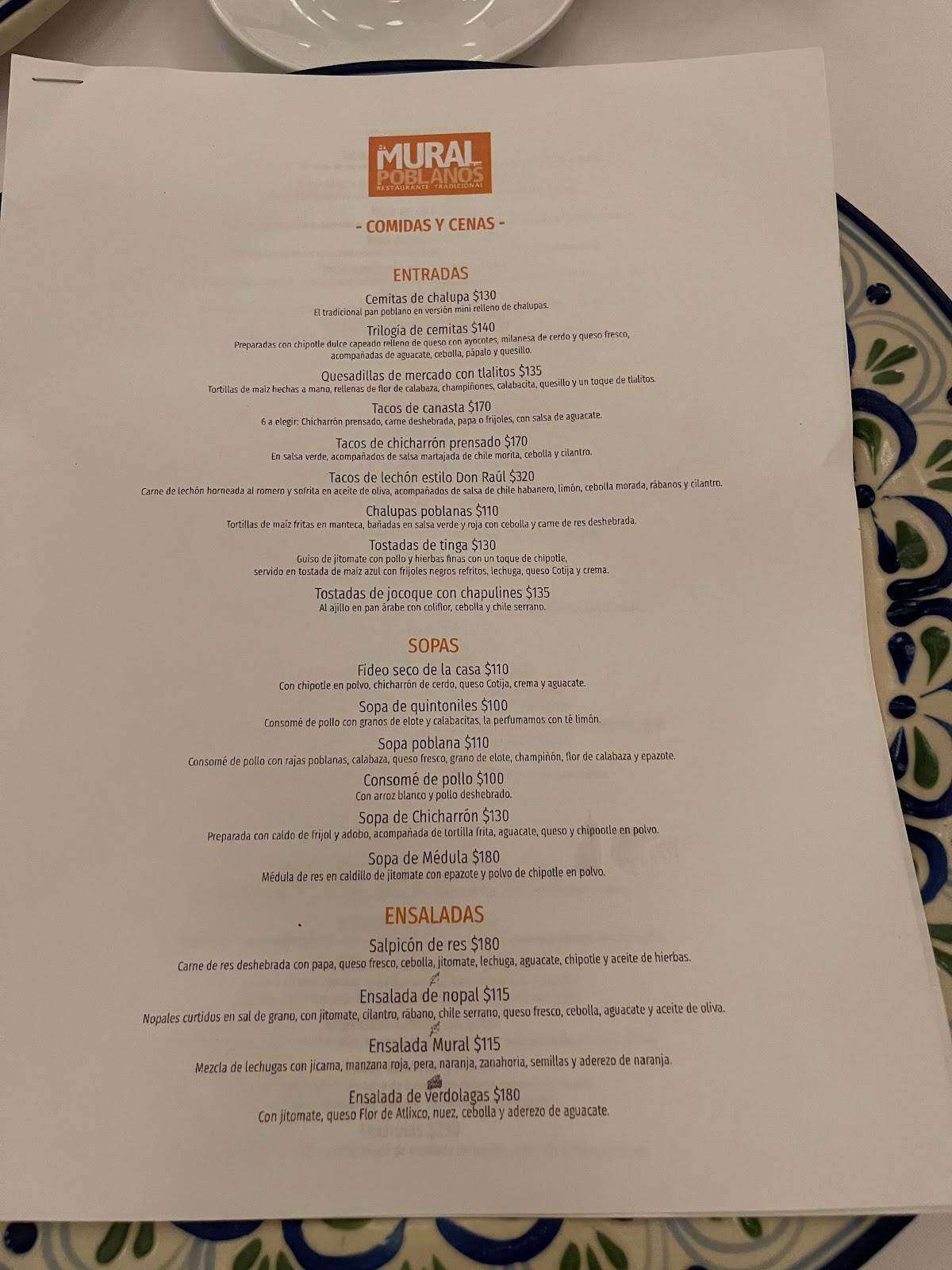 Carta del restaurante Mural del los Poblanos, Heroica Puebla del Zaragoza