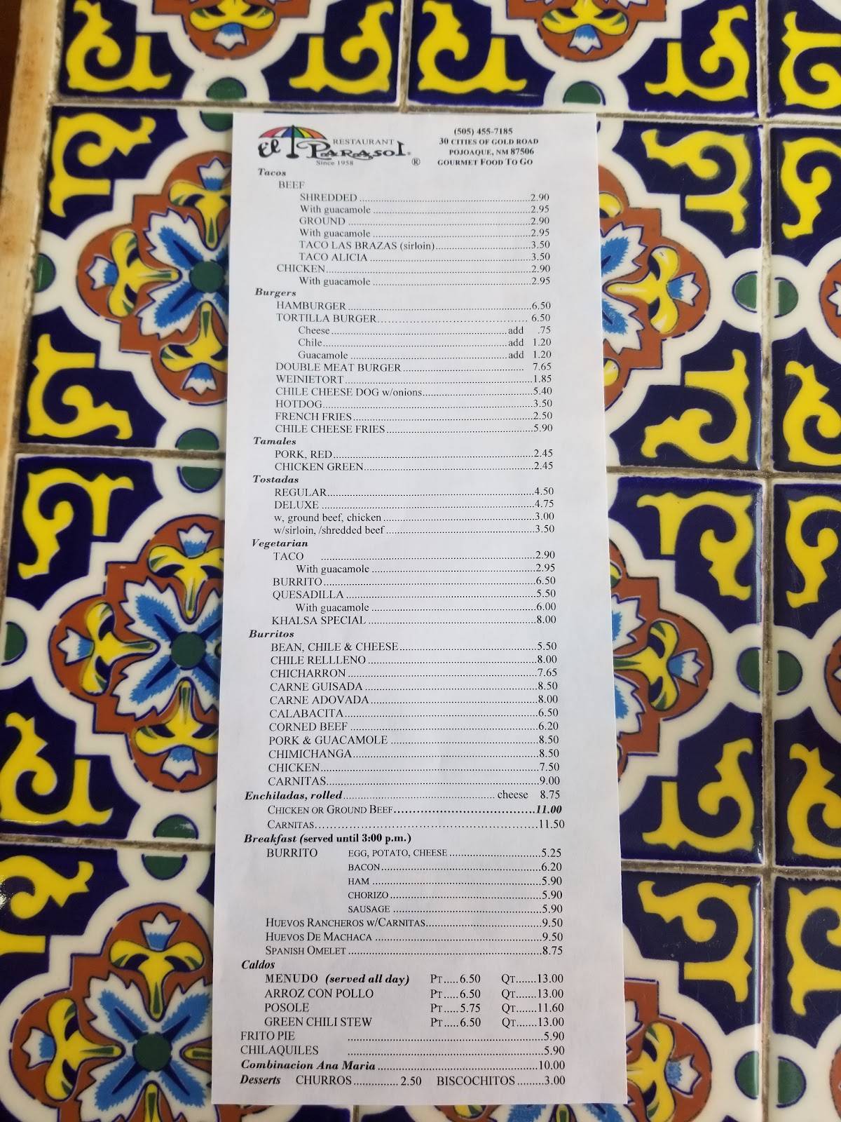 Menu at El Parasol restaurant, Pojoaque
