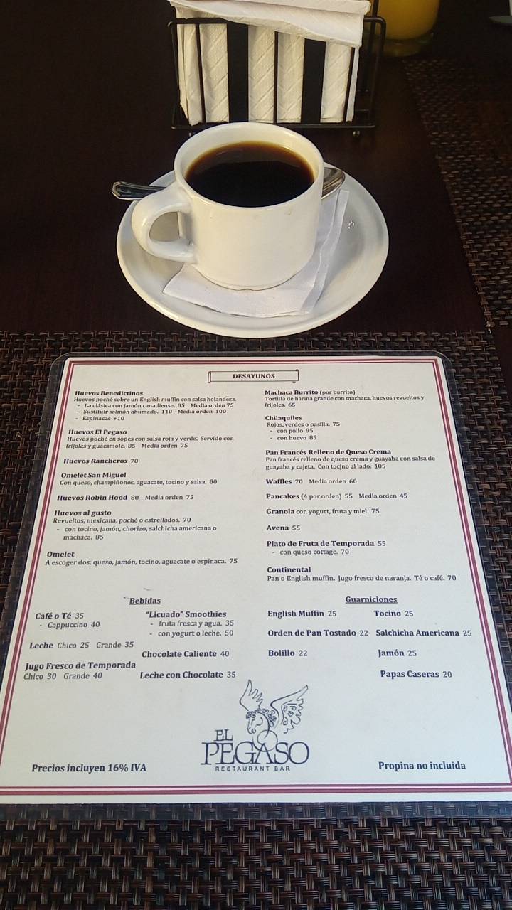 Menu at El Pegaso restaurant, San Miguel de Allende, Corregidora 6
