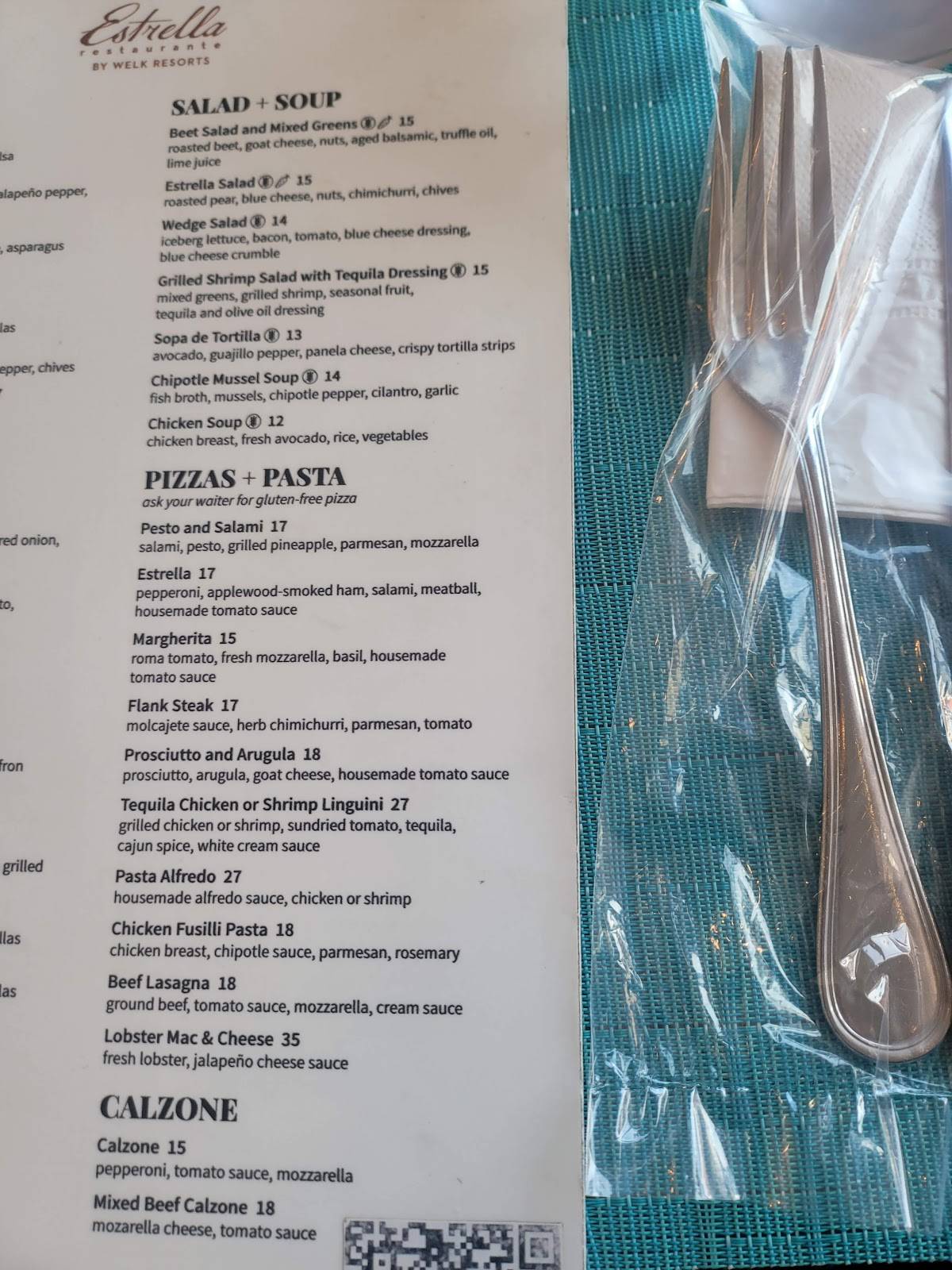 Menu at Estrella restaurant, Cabo San Lucas