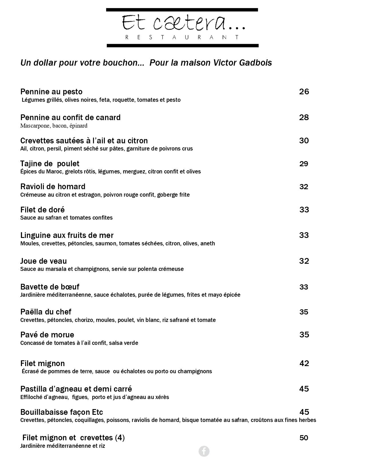 Menu au Et Caetera restaurant, Beloeil