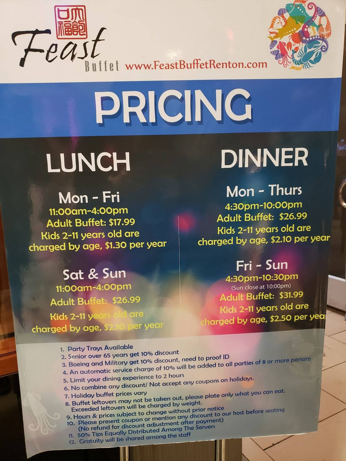 Menu at Feast Buffet restaurant, Renton