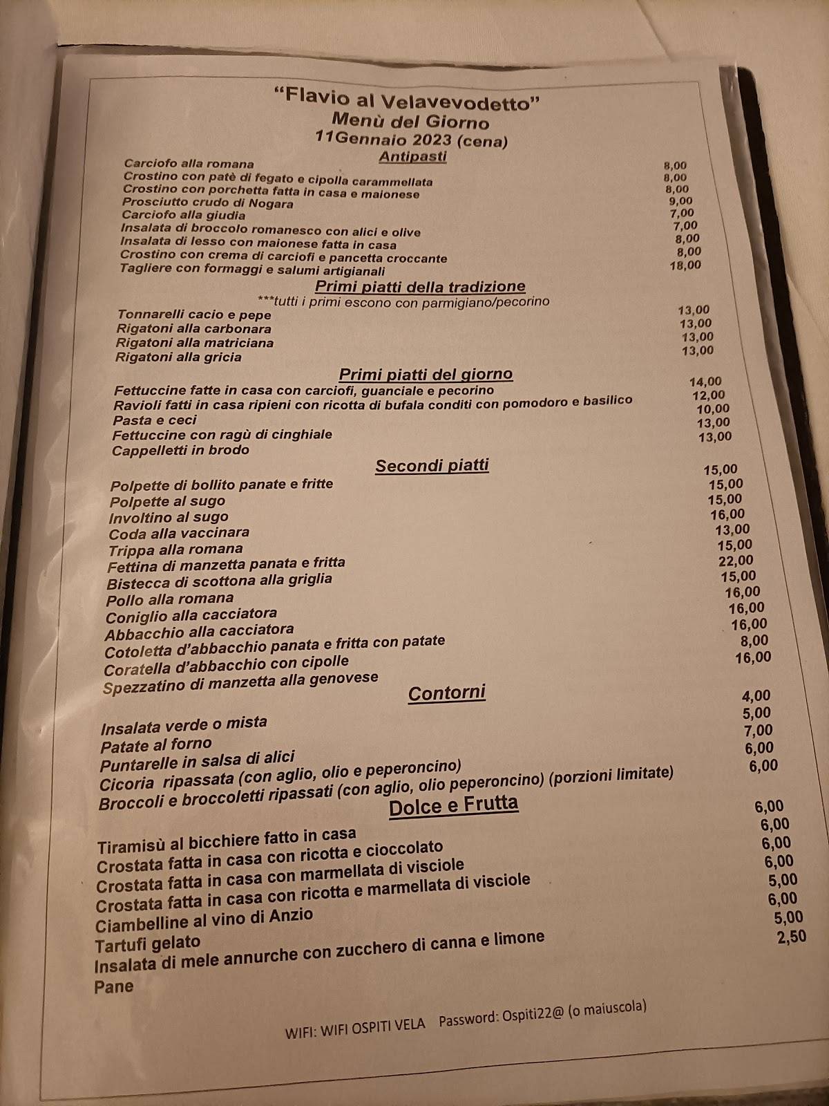 Menu at Flavio al Velavevodetto restaurant, Rome