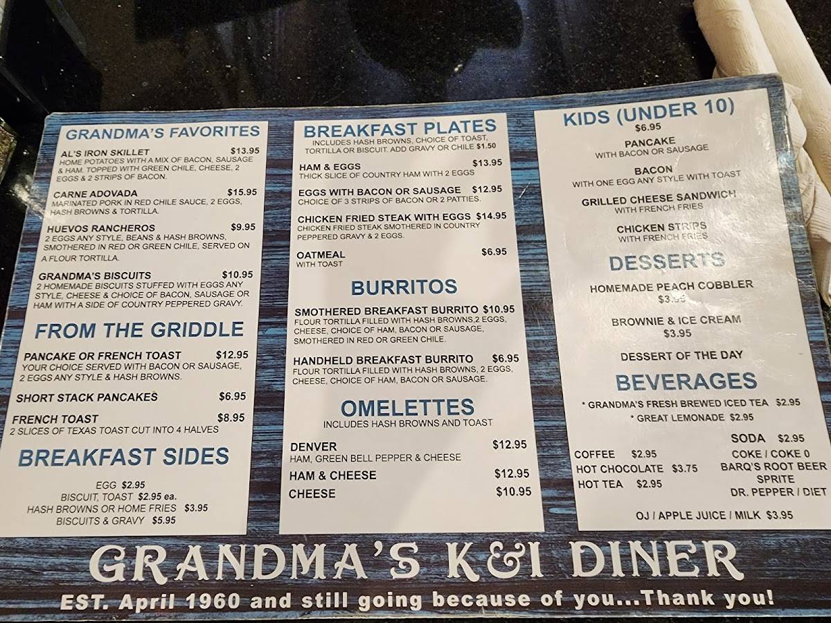 Menu at Grandma's K & I Diner restaurant, Albuquerque