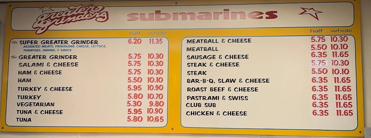Menu at Greater Grinders Submarines restaurant, Portsmouth, High St