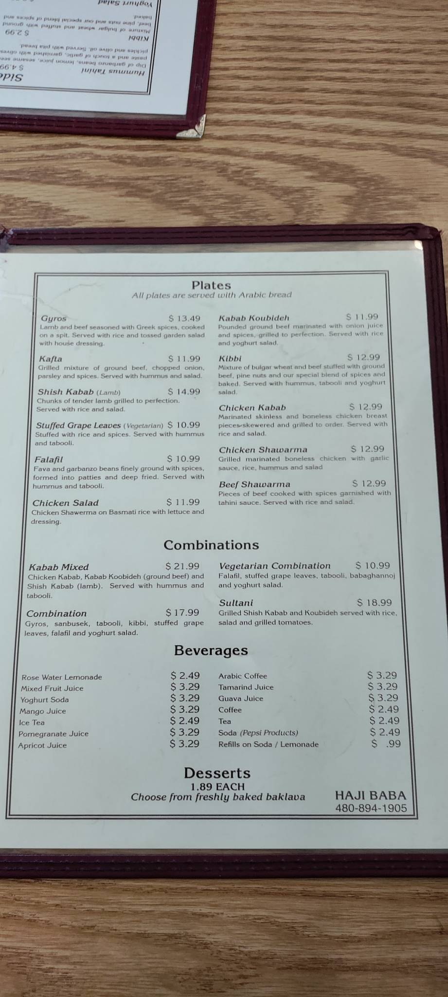 Menu at Haji-Baba restaurant, Tempe