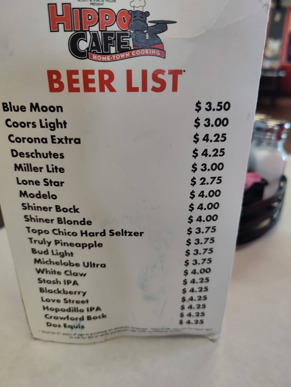 Menu at Hippo Café restaurant, Hutto