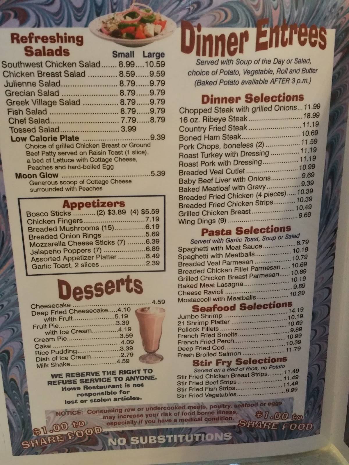 Menu at Howe restaurant, Howe, IN-9