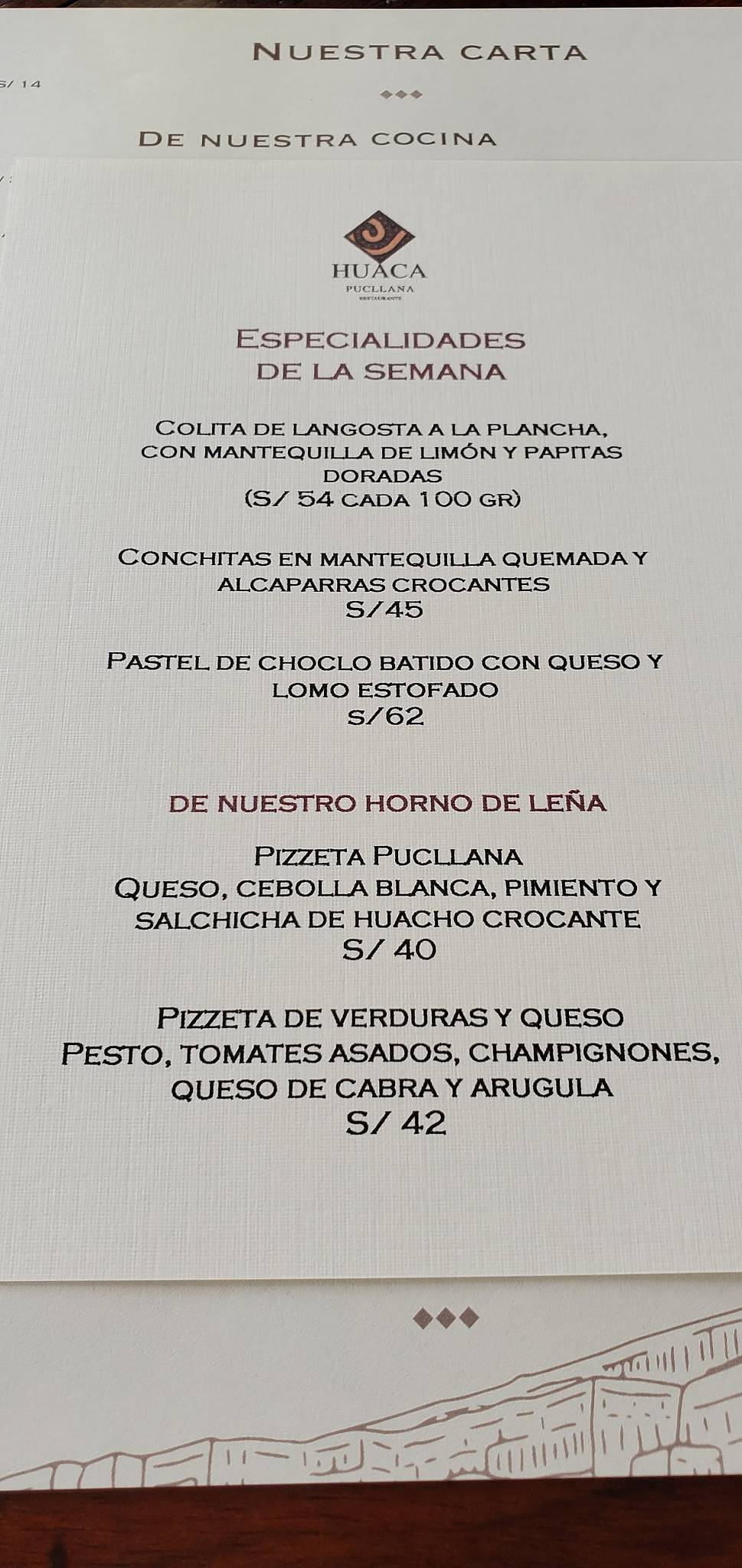 Menu at Restaurant Huaca Pucllana, Lima
