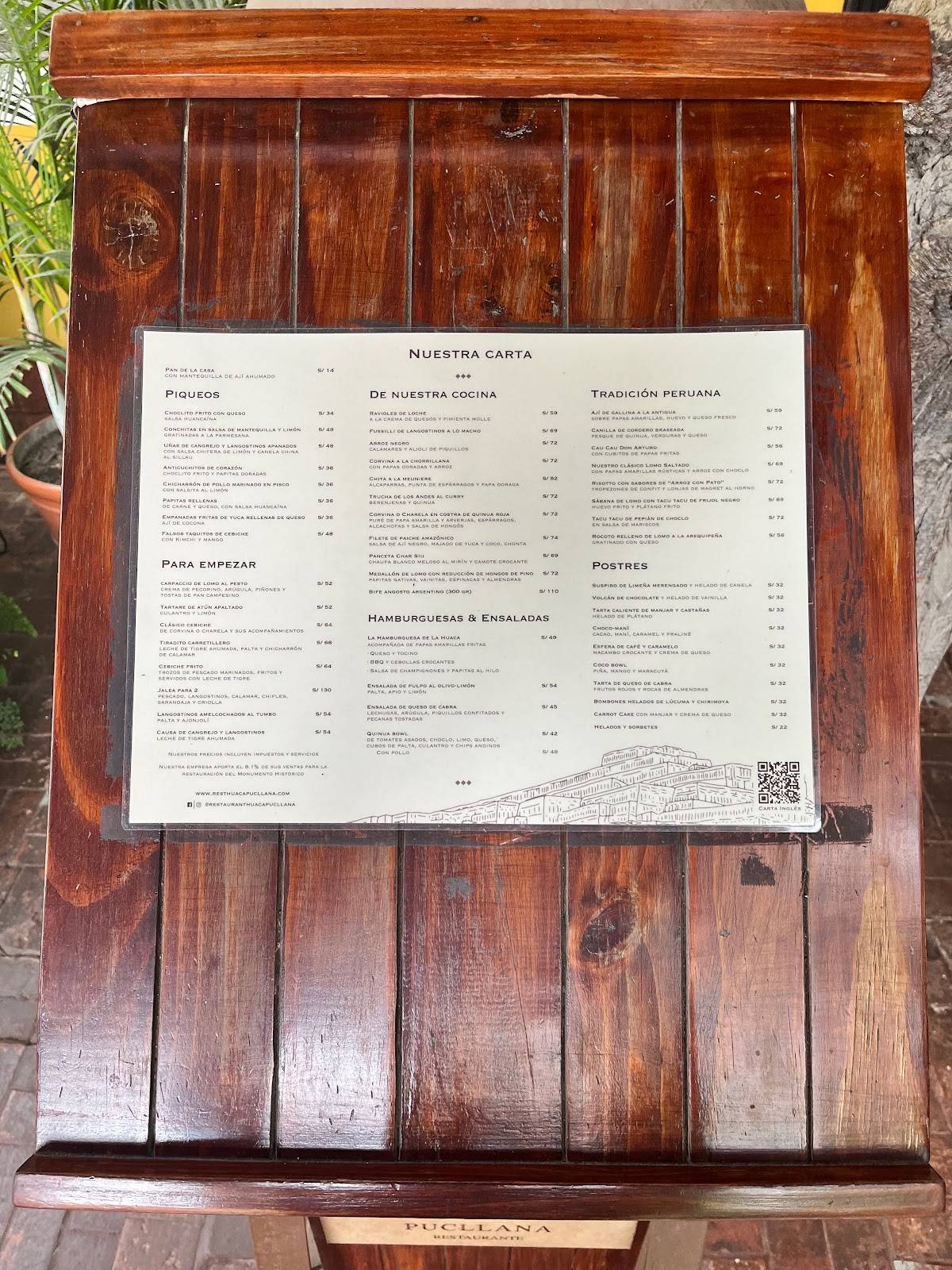 Menu at Restaurant Huaca Pucllana, Lima