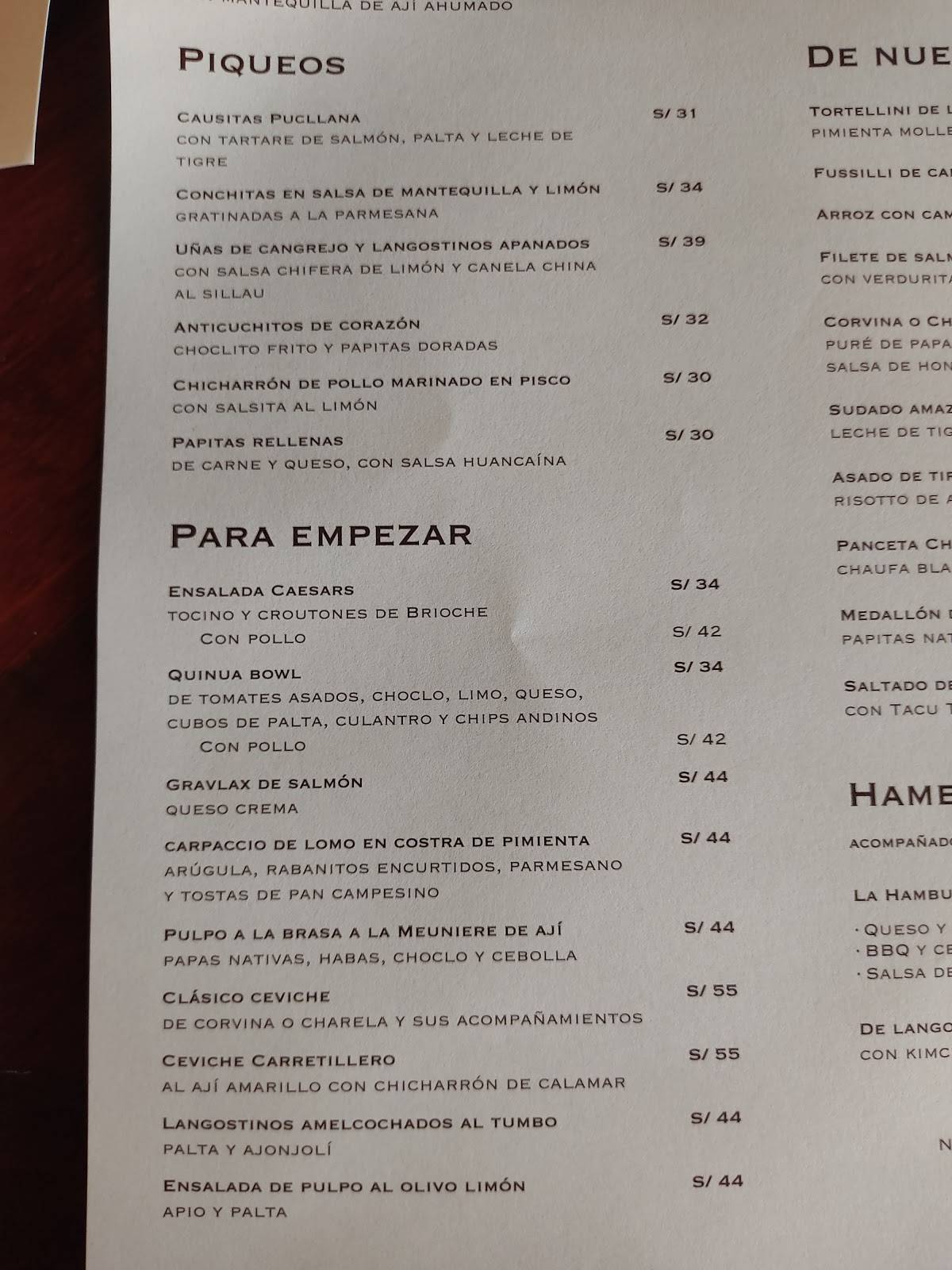 Carta de Restaurant Huaca Pucllana, Lima