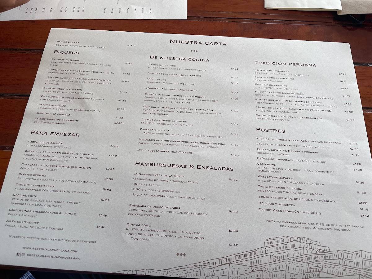 Menu at Restaurant Huaca Pucllana, Lima