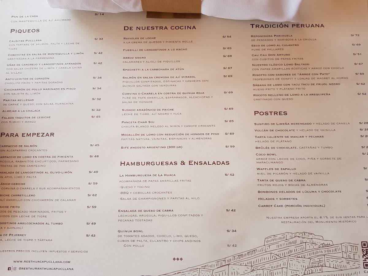 Menu at Restaurant Huaca Pucllana, Lima