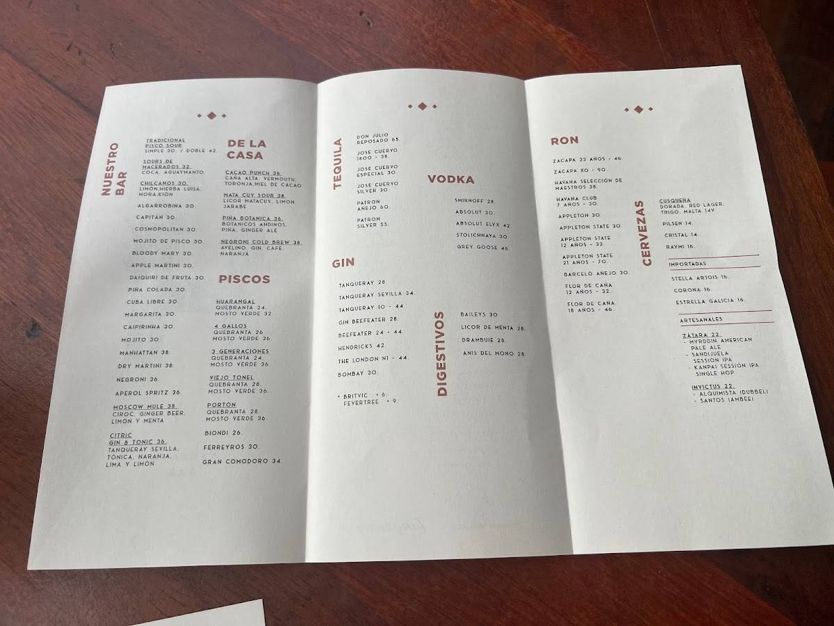 Menu at Restaurant Huaca Pucllana, Lima