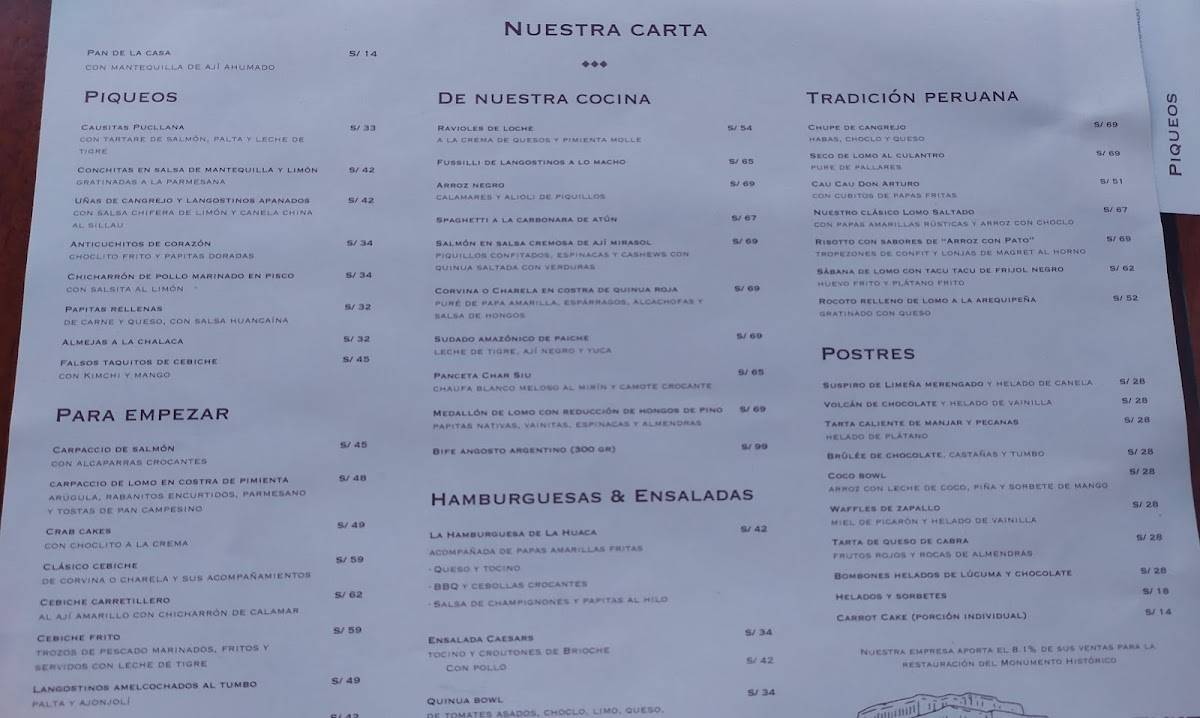 Menu at Restaurant Huaca Pucllana, Lima