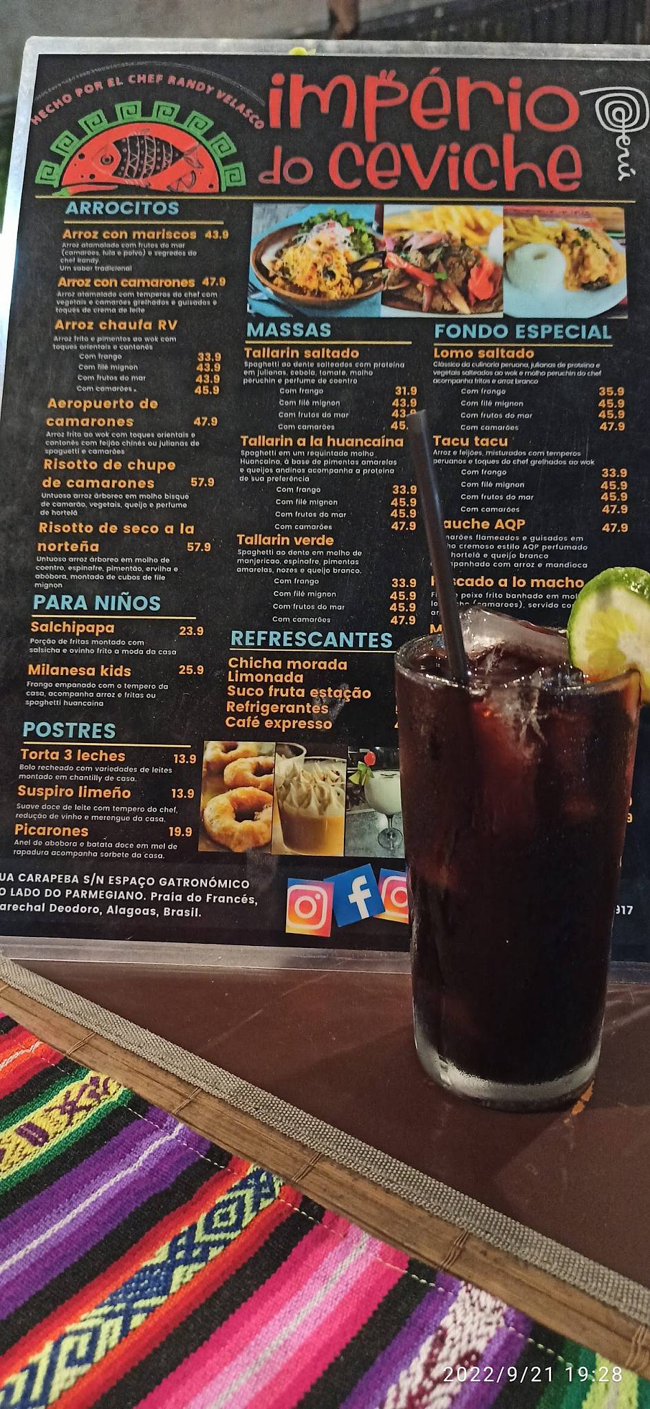 Menu at Império do Ceviche restaurant, Marechal Deodoro
