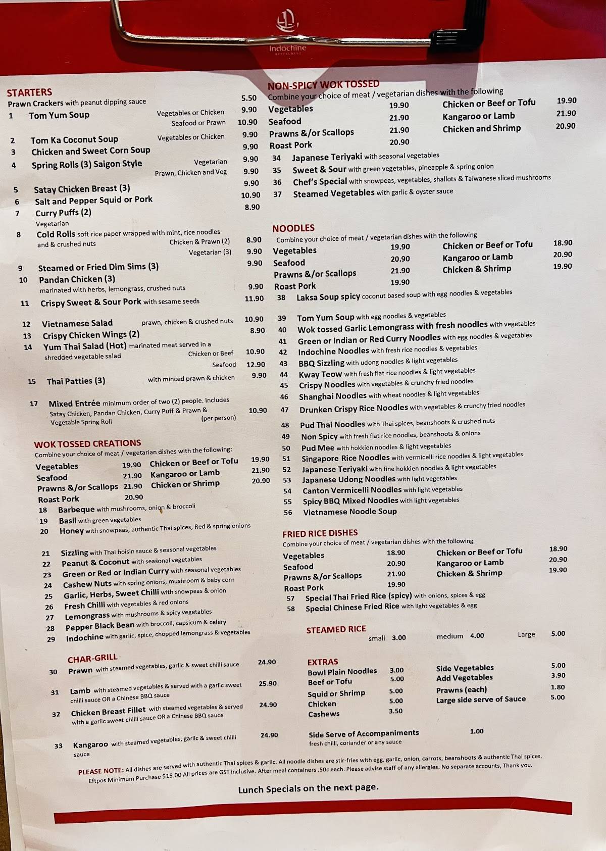 Menu at Indochine Thai Restaurant, Glenelg