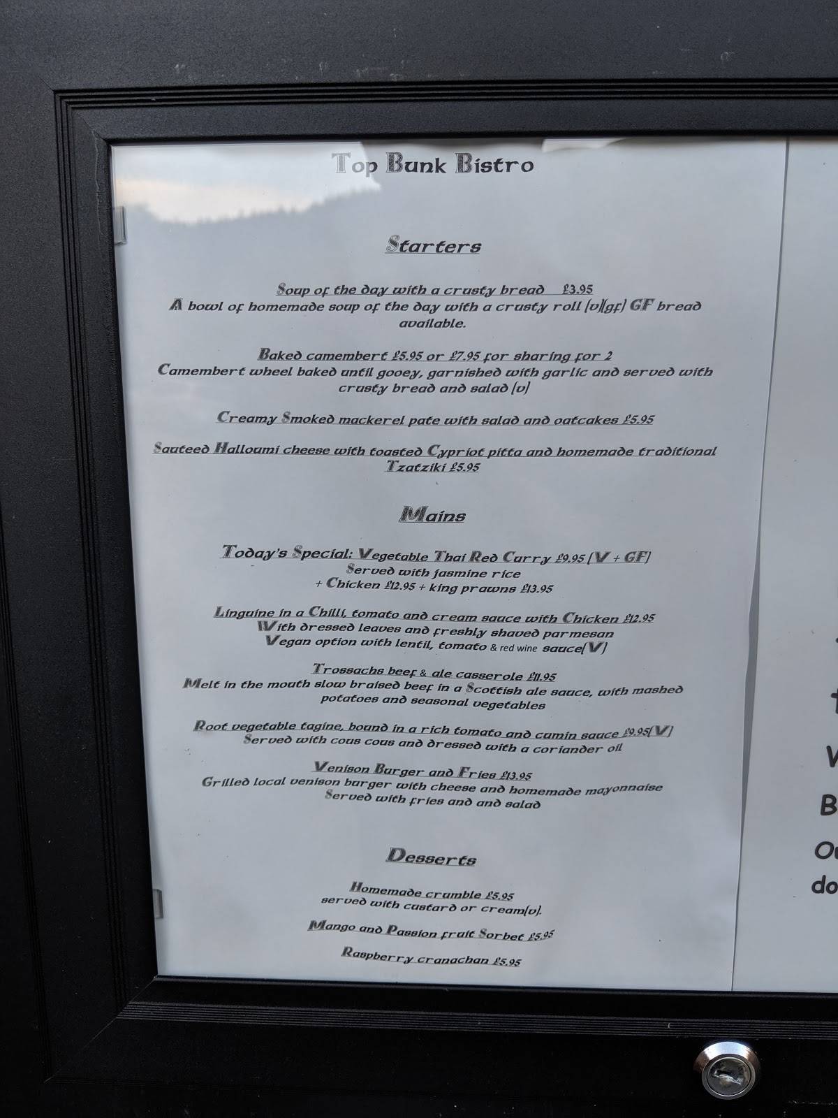 Menu at Inversnaid Bunkhouse & Top Bunk Bistro pub & bar, Inversnaid