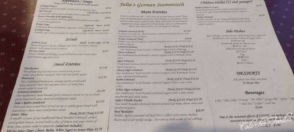 Menu at Julia's German Stammtisch restaurant, Columbia, 120 ...