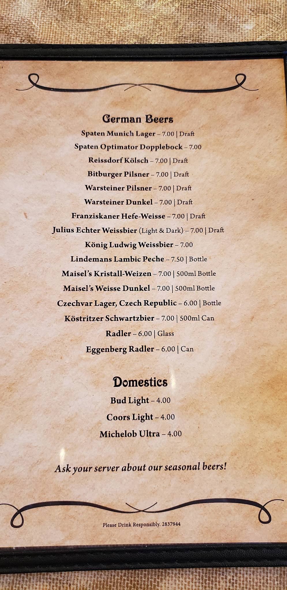 Menu at Julia's German Stammtisch restaurant, Columbia, 120 ...